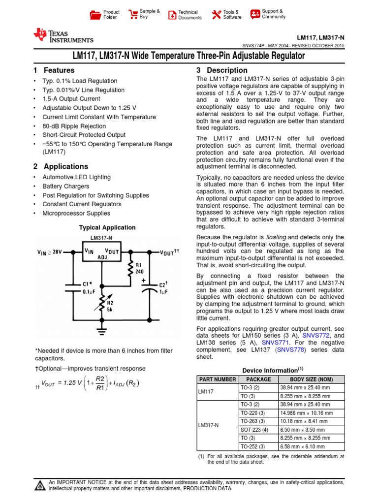 LM117, LM317-N Wide Temperature Three-Pin Adjustable Regulator | PDF ...