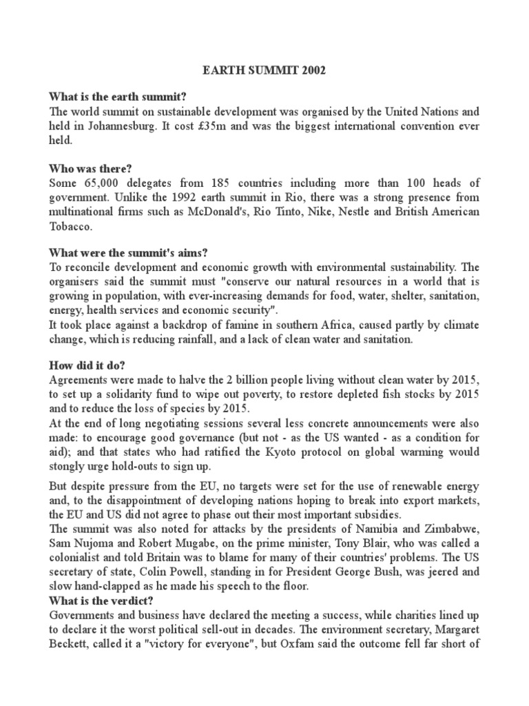 Earth Summit 2002 What Is The Earth Summit? | PDF | Drinking Water ...