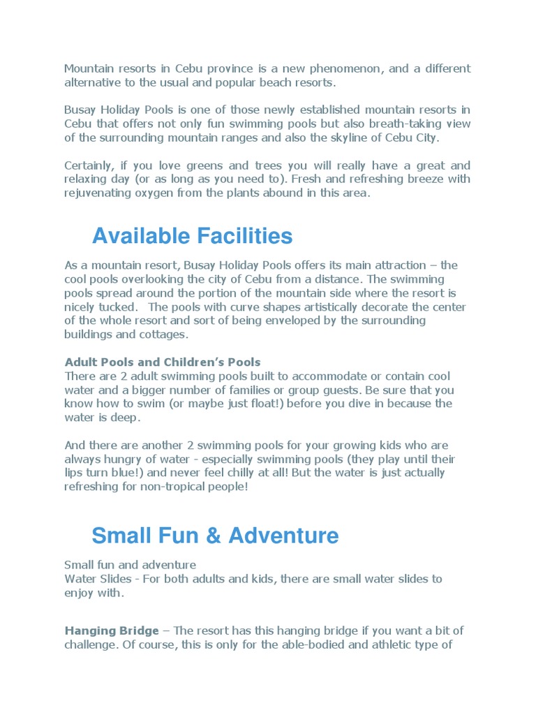 An Overview of Facilities, Activities, Rates and Transportation Options ...