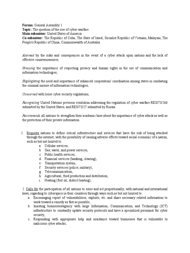 MUN Resolution - Cyber Security | PDF | Computer Security | Security