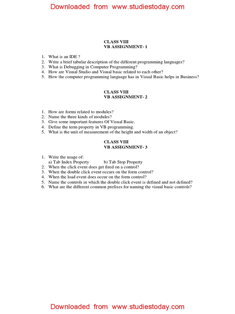 CBSE Class 8 Computer Science Worksheet - VB | PDF