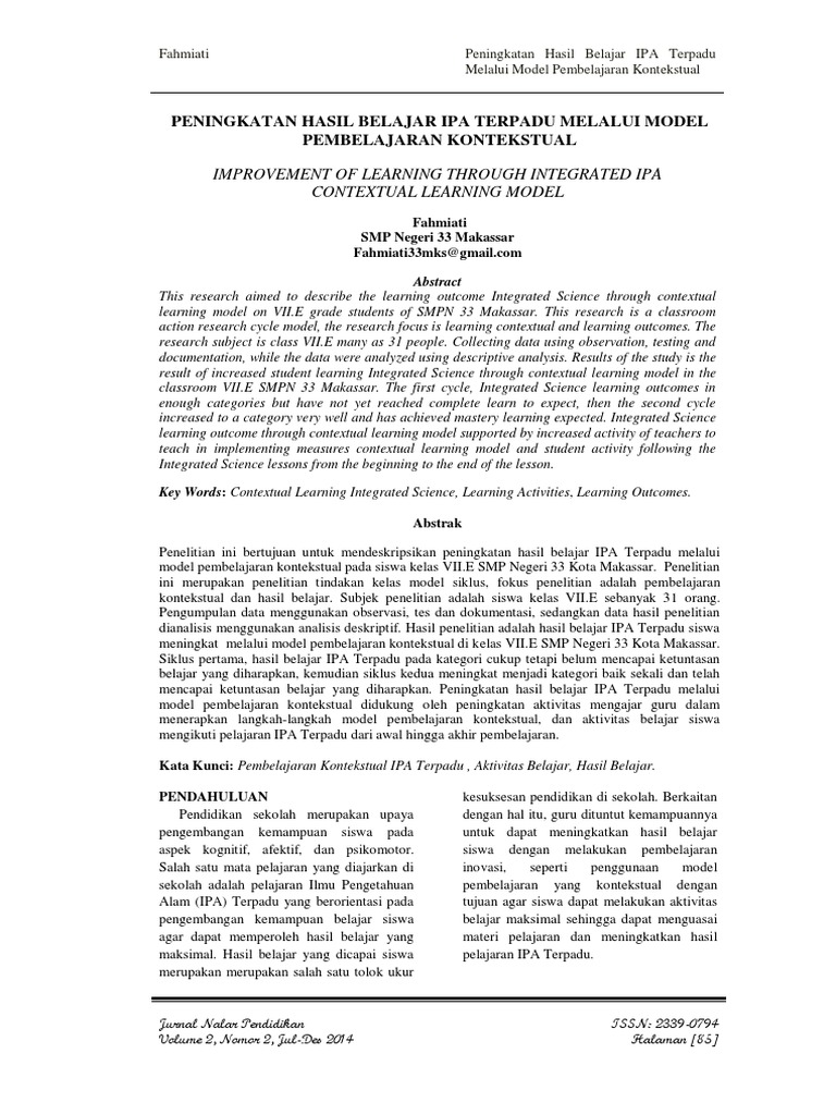 Peningkatan Hasil Belajar Ipa Terpadu Melalui Model Pembelajaran Kontekstual | PDF | Science ...