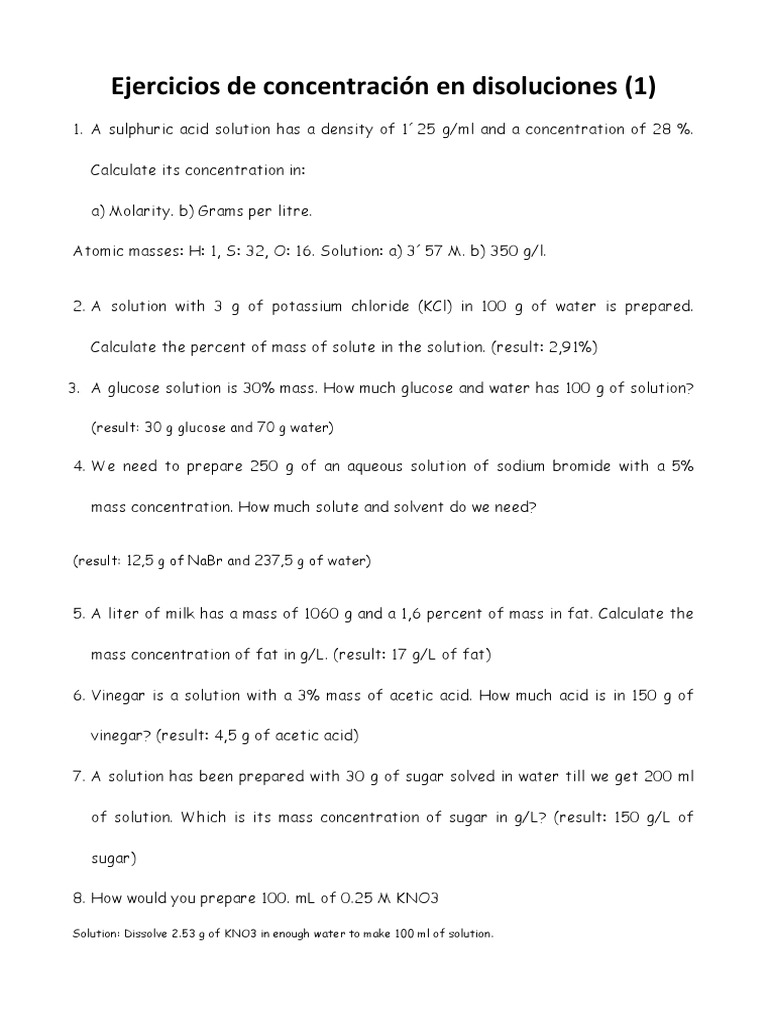 Ejercicios de Concentración en Disoluciones 1 | PDF