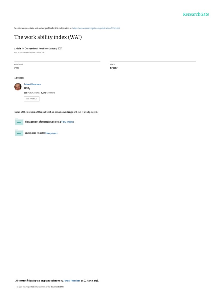 The Work Ability Index WAI | PDF | Survey Methodology | Quality Of Life