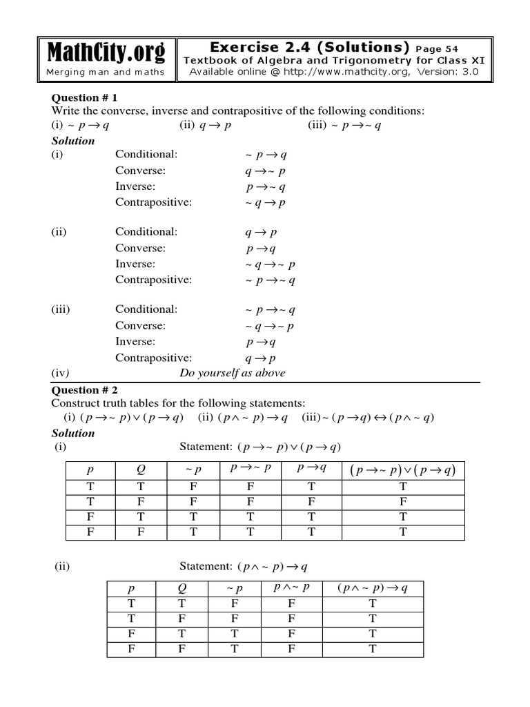 Exercise 2.4 (Solutions) : Question # 1 | PDF | Contradiction | Logical ...