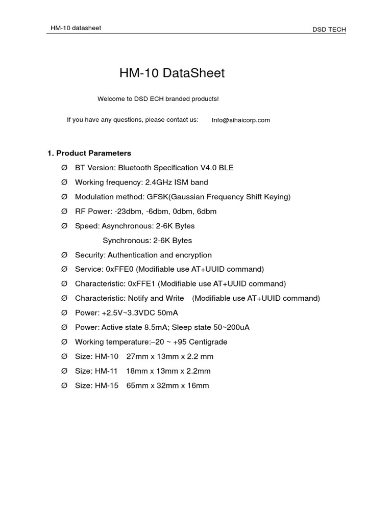 DSD TECH HM-10 Datasheet | PDF | Bluetooth | Parameter (Computer Programming)