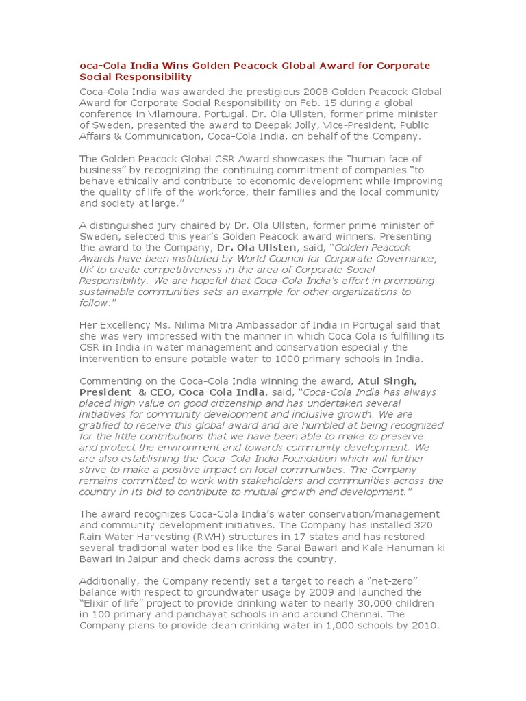 Coca-Cola India's CSR Triumph | PDF | Corporate Social Responsibility ...