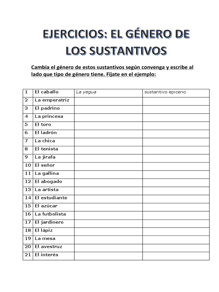 Ejercicios Del Género de Los Sustantivos | PDF