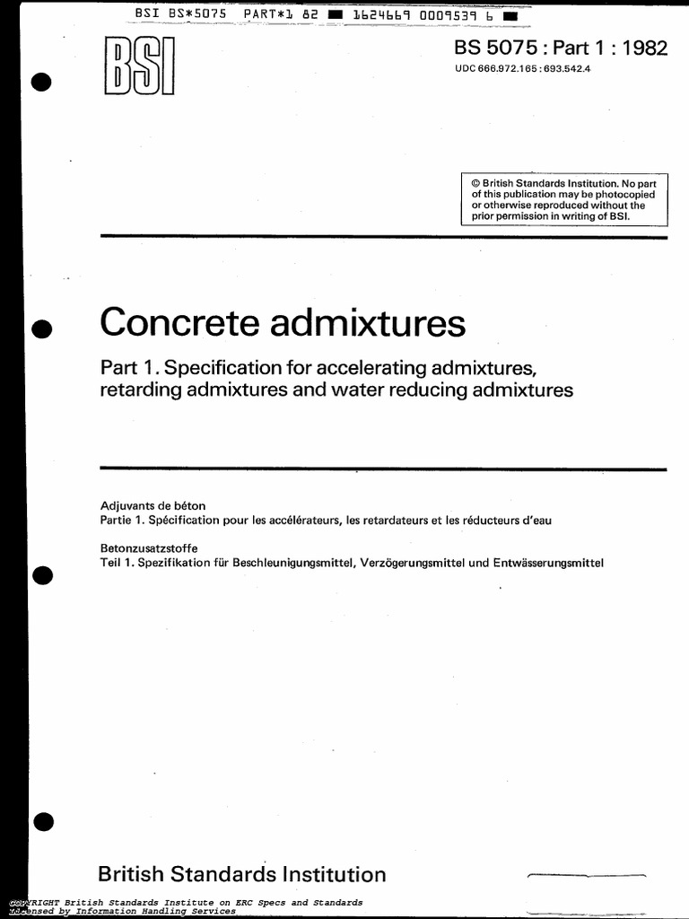 Concrete Admixtures: Specification For Accelerating Admixtures, Retarding Admixtures and Water ...