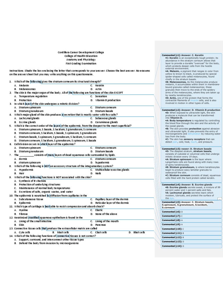 Anatomy and Physiology Exam 1st Grading | PDF | Skin | Epidermis