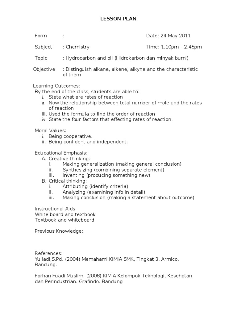 Lesson Plan Hydrocarbon | PDF | Alkene | Alkane