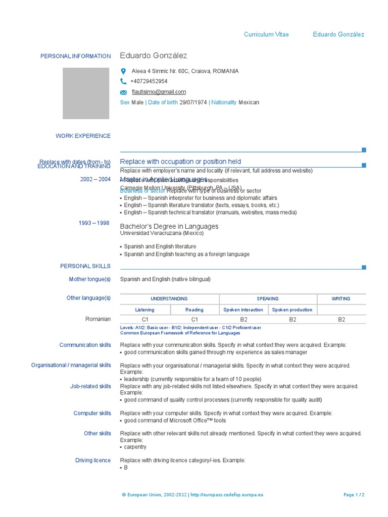 Europass CV Template | PDF | Applied Linguistics | Semiotics