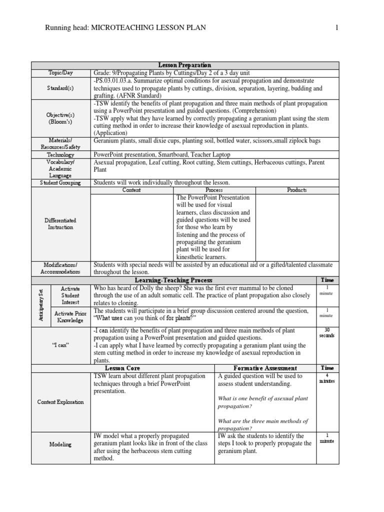 Running Head: Microteaching Lesson Plan 1 | PDF | Learning | Behavior ...