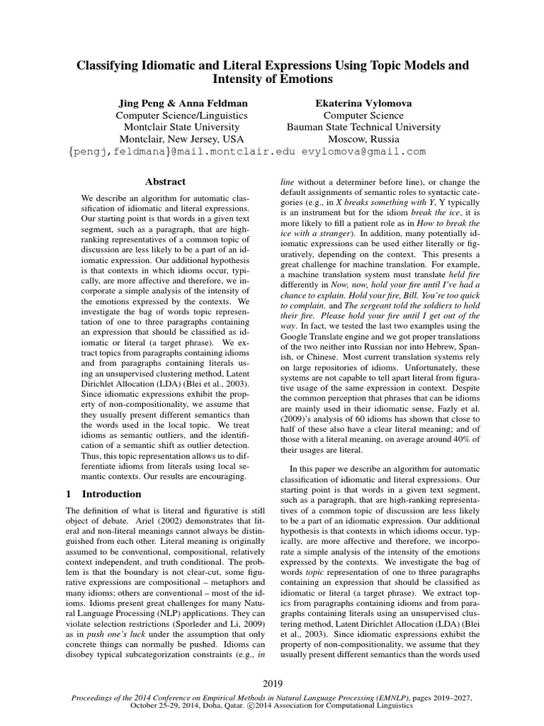 Classifying Idiomatic and Literal Expressions Using Topic Models and Intensity of Emotions | PDF ...