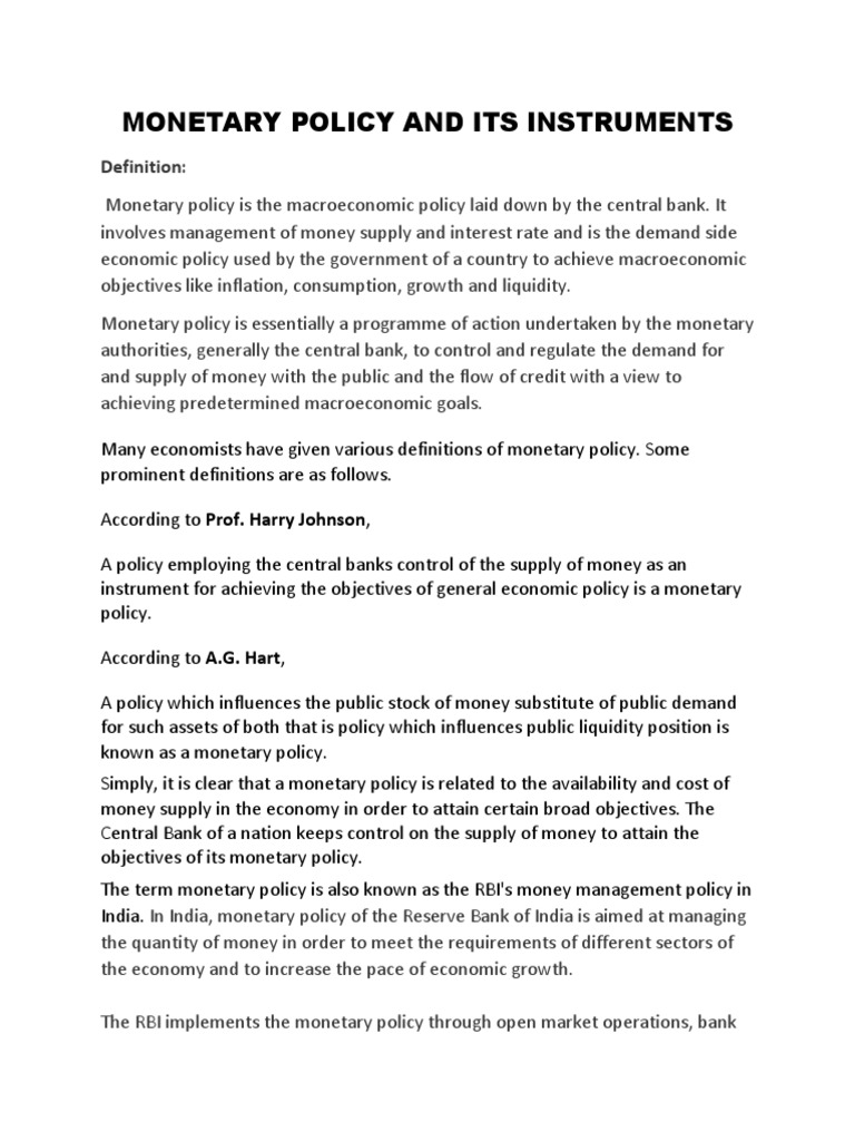 Monetary Policy and Its Instruments: Definition | PDF | Monetary Policy ...