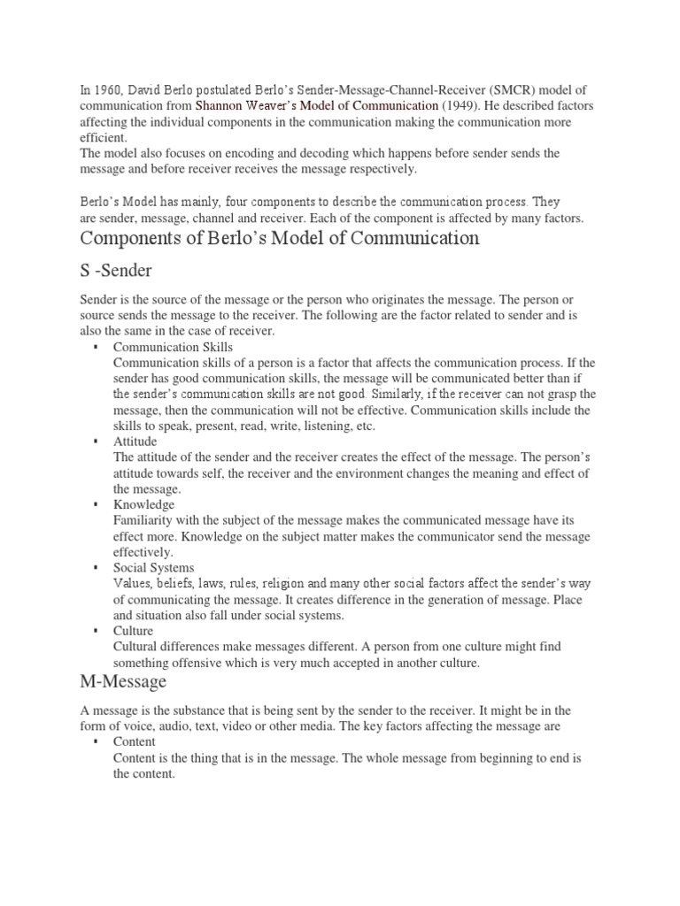 An Overview of Berlo's Sender-Message-Channel-Receiver (SMCR) Model of ...
