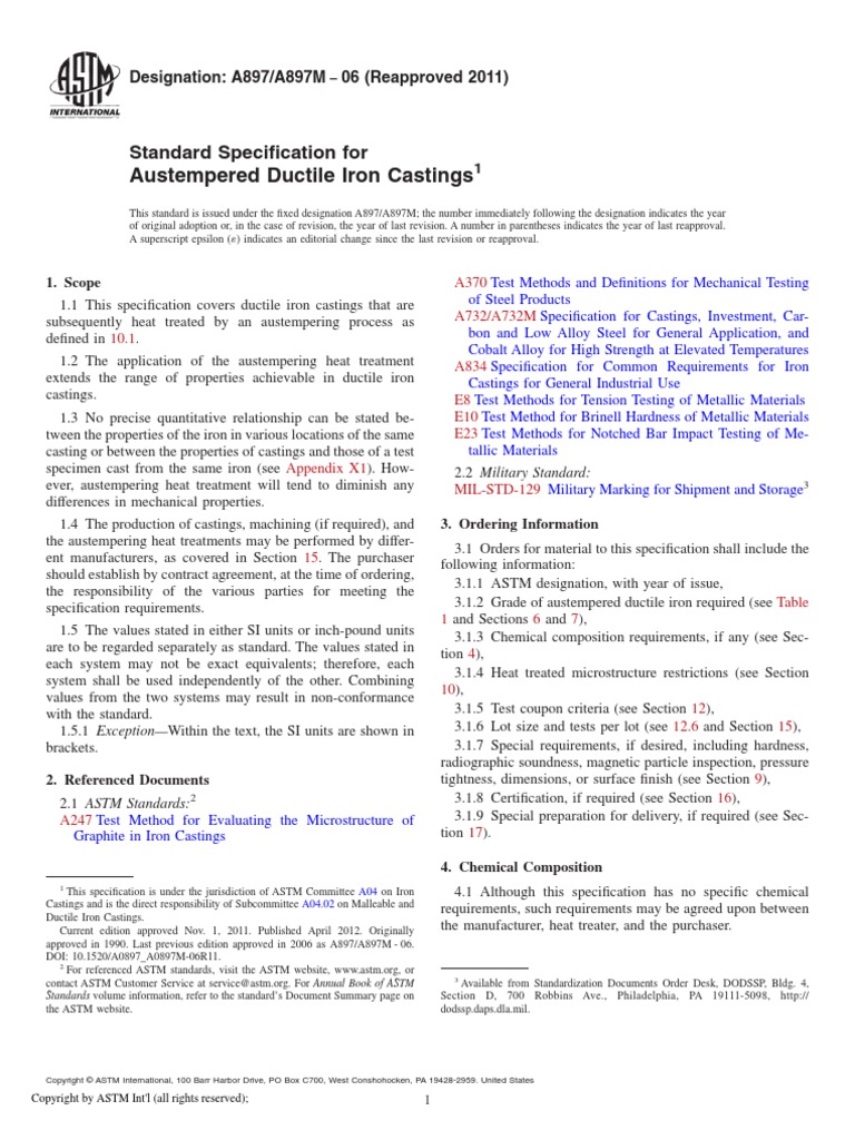 Austempered Ductile Iron Castings: Standard Specification For | PDF | Heat Treating | Casting ...