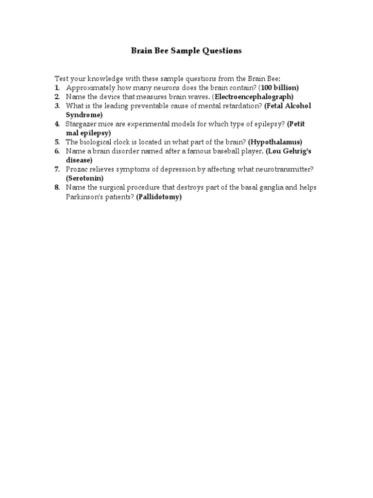 Brain Bee Sample Questions Overview | PDF