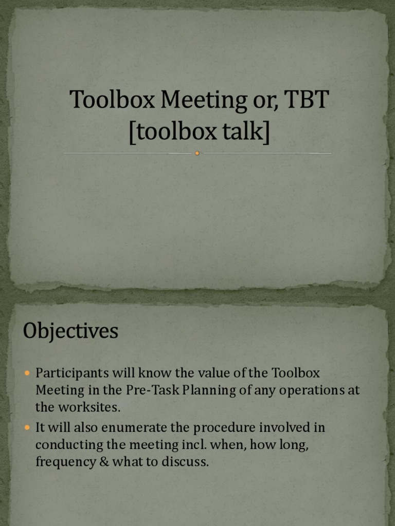 Toolbox Meeting Or, TBT (Toolbox Talk | PDF | Occupational Safety And ...
