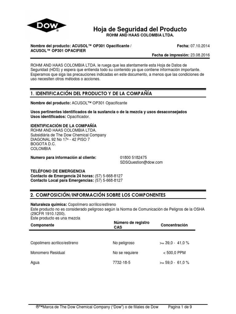 Acusol Op301 Opacificante (MSDS) | PDF | Administración de Seguridad y ...