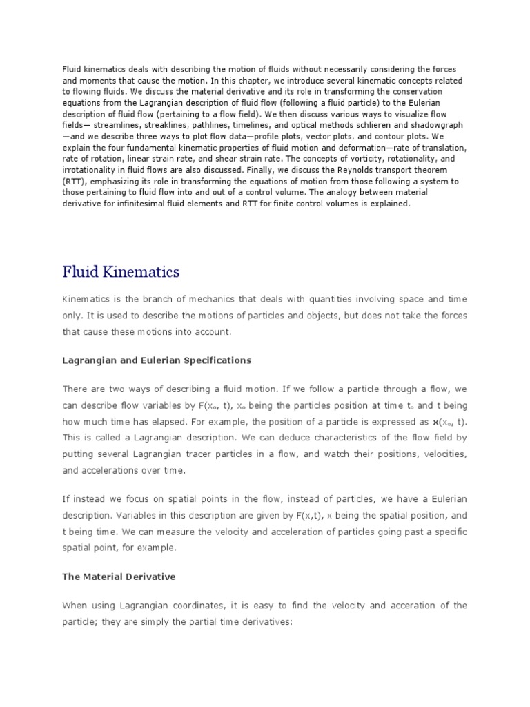 Fluid Kinematics | PDF | Continuum Mechanics | Mechanics Fluid Kinematics | PDF | Continuum Mechanics | Mechanics