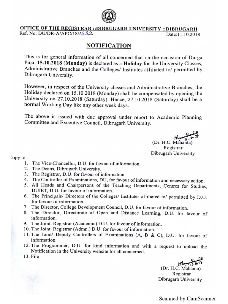 Holiday Notification | PDF