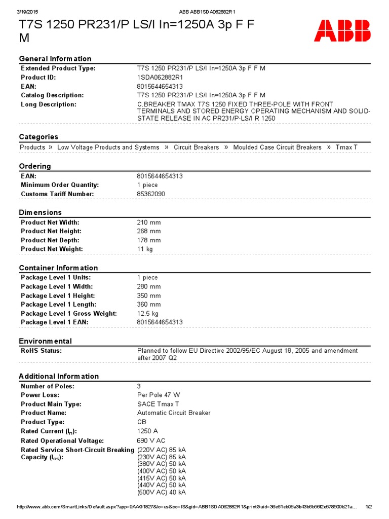 T7S 1250 PR231/P LS/I in 1250A 3p F F M: General Information | PDF | Power (Physics ...