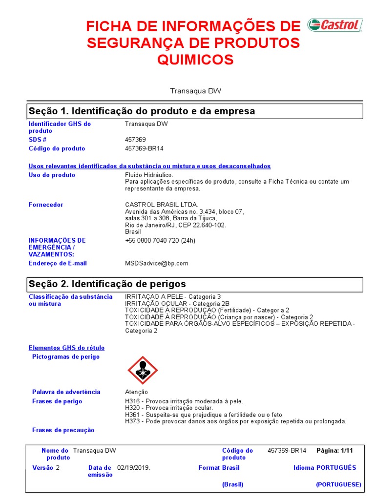 Ficha de Informações de Segurança de Produtos Químicos - Transaqua DW ...