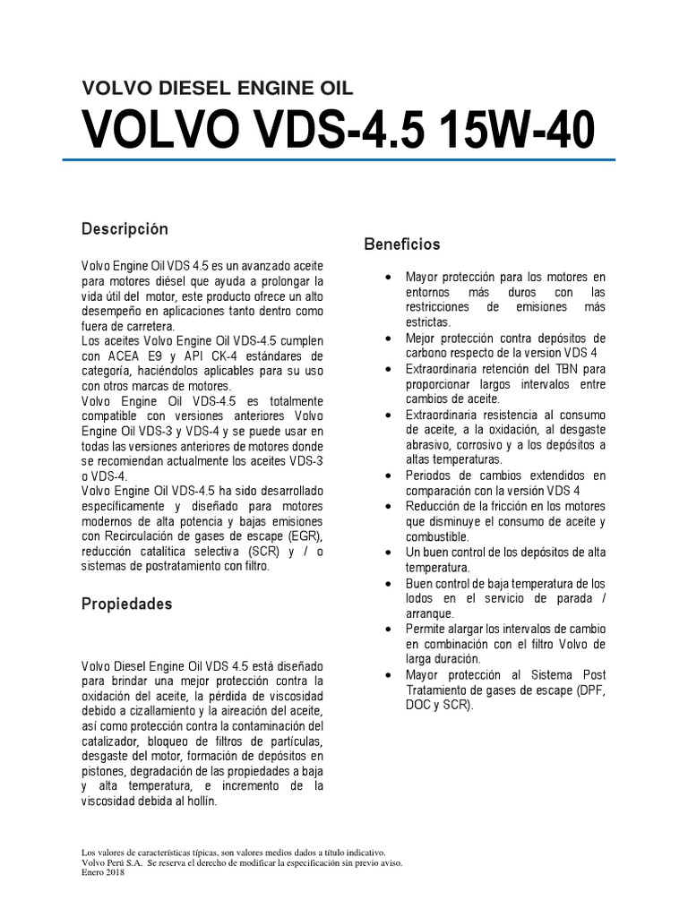 Volvo Diesel Engine Oil Vds 4.5 | PDF | Química | Combustible diesel