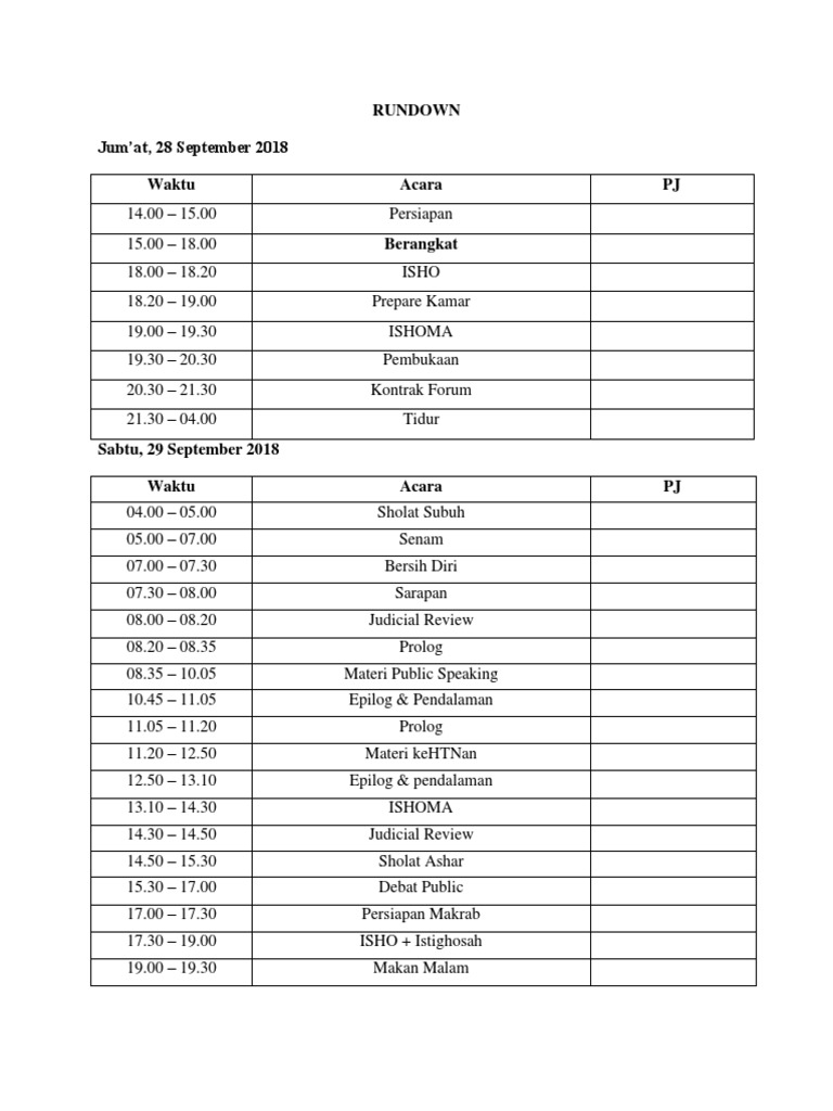 Rundown Jum'at, 28 September 2018 Waktu Acara PJ | PDF