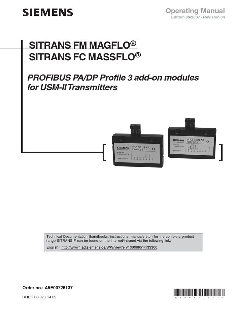 SITRANS F Profibus PA DP Profile 3 Add-On Module For MAG 6000 and MASS ...