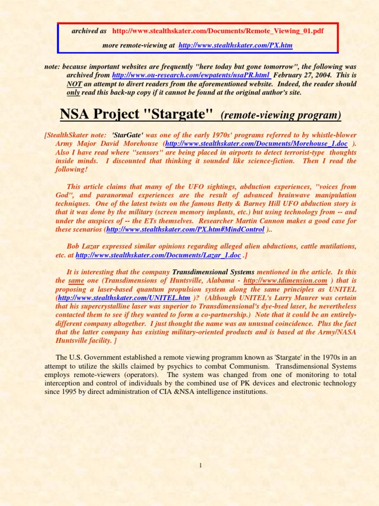 NSA Project Stargate (Remote-Viewing Program) RemoteViewing - 01 | PDF ...