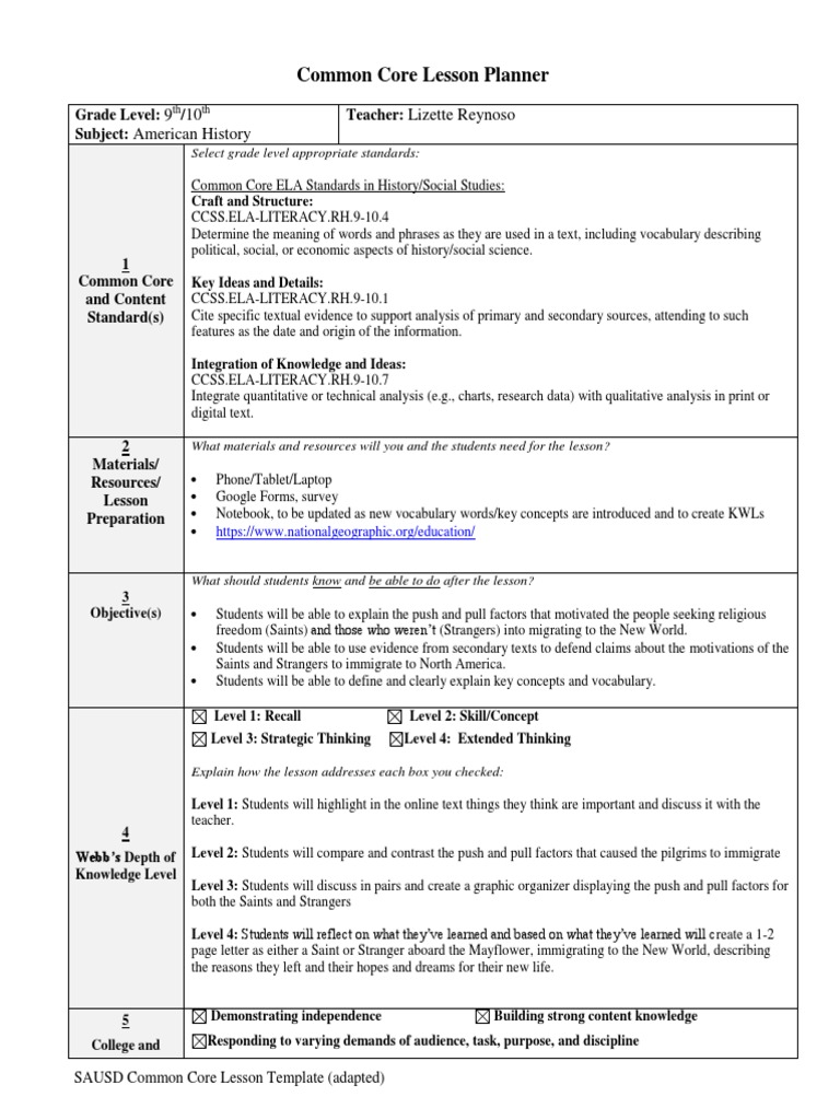Saints and Strangers Lesson Plan | PDF | Learning | Cognitive Science