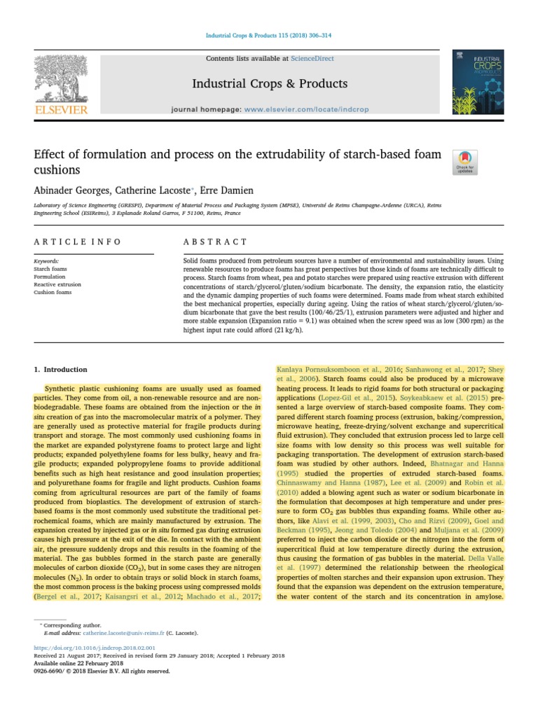 2018 Effect Formulation and Process Extrudability Starch Foam | PDF ...