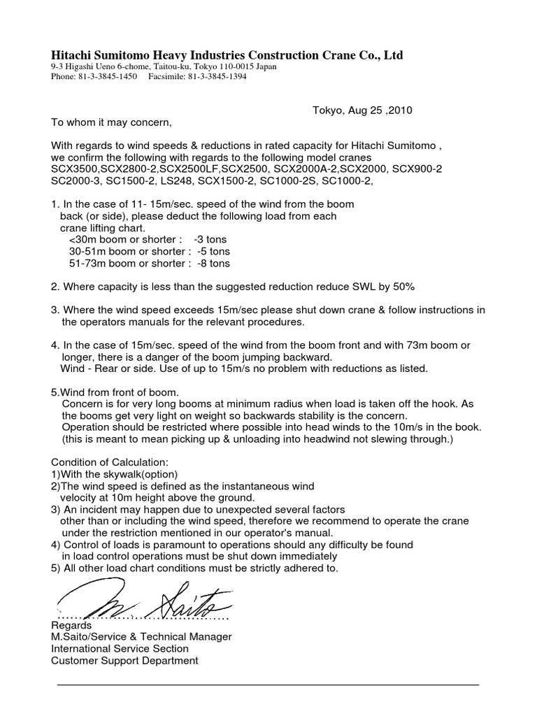 Sumitomo Cranes - Wind Speeds - Letter | PDF