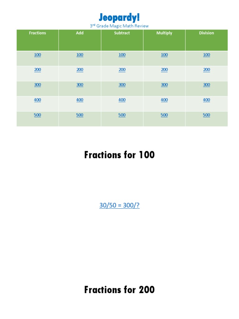 Jeopardy Game by Veronica Torres | PDF | Fraction (Mathematics ...