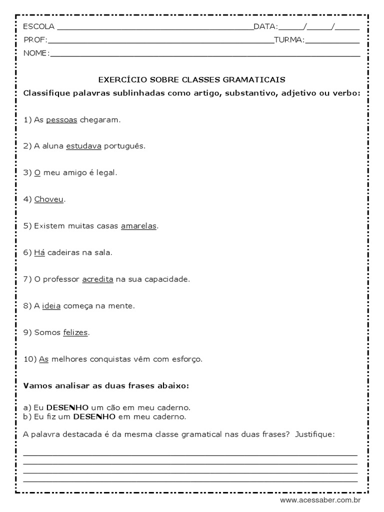 Atividade de Português Exercício de Classes Gramaticais Artigo ...