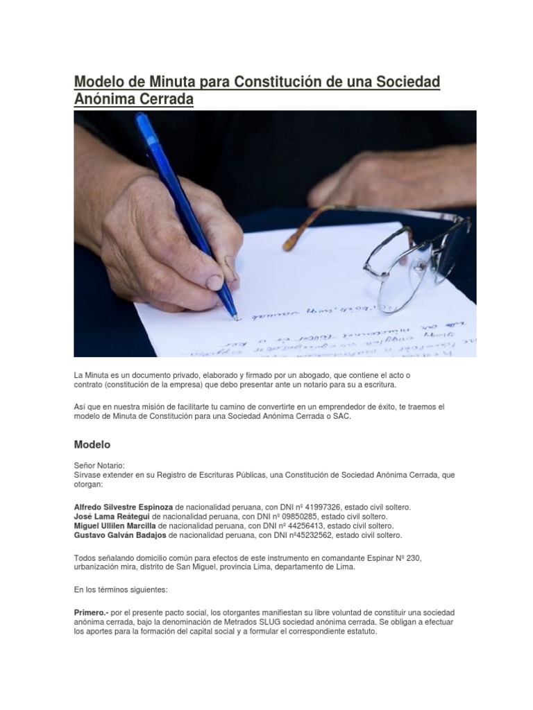 Modelo de Minuta para Constitución de Una Sociedad Anónima Cerrada | PDF | Marca comercial ...