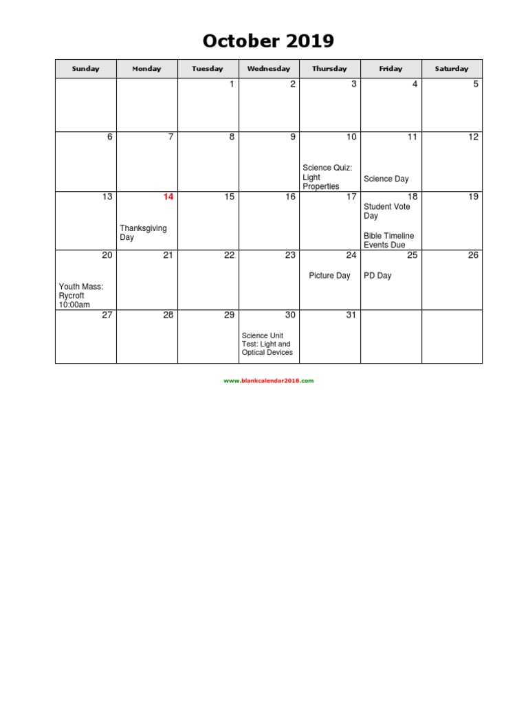 October 2019 Calendar Events | PDF