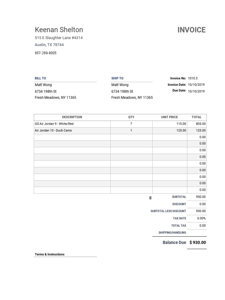 Shoes Invoice for Matt Wong | PDF