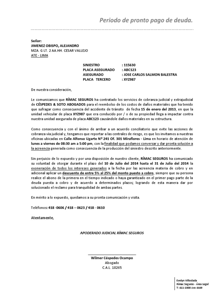 Modelo de Carta Pronto Pago | PDF