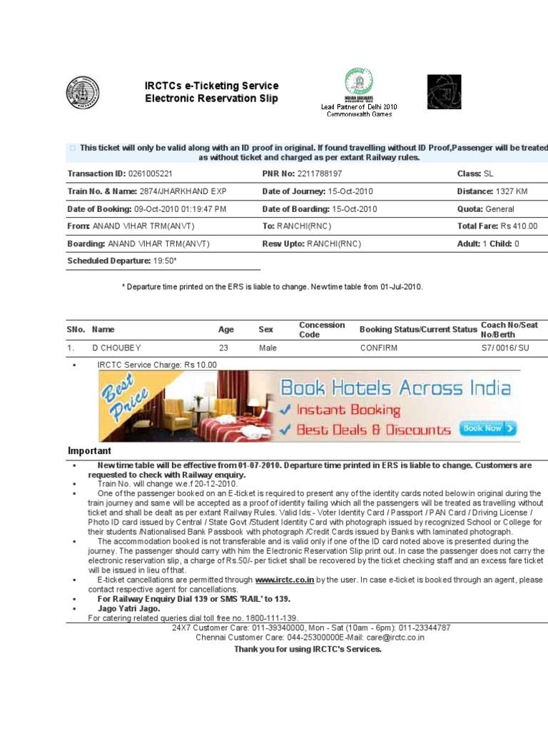 Irctcs E-Ticketing Service Electronic Reservation Slip: Important | PDF ...