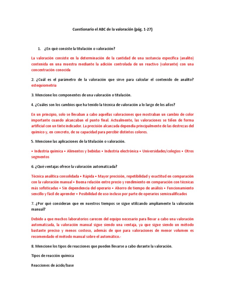 Cuestionario El ABC de La Valoración | PDF | Valoración | Química