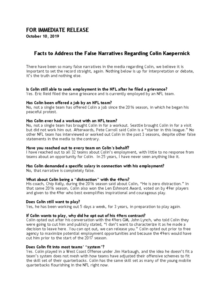 Statement From Colin Kaepernick's Representatives | PDF | San Francisco ...