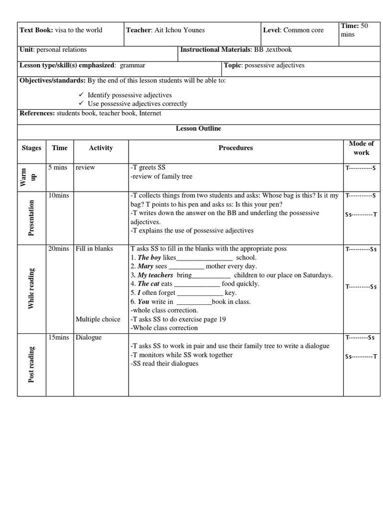 Teaching Possessive Adjectives Lesson | PDF | Textbook | Books