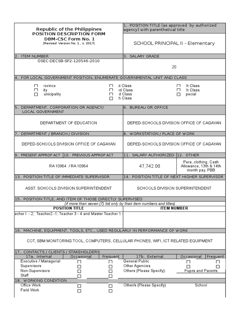 DBM CSC Form No. 1 Position Description Forms 1feb.222019 | PDF | Curriculum | Teachers