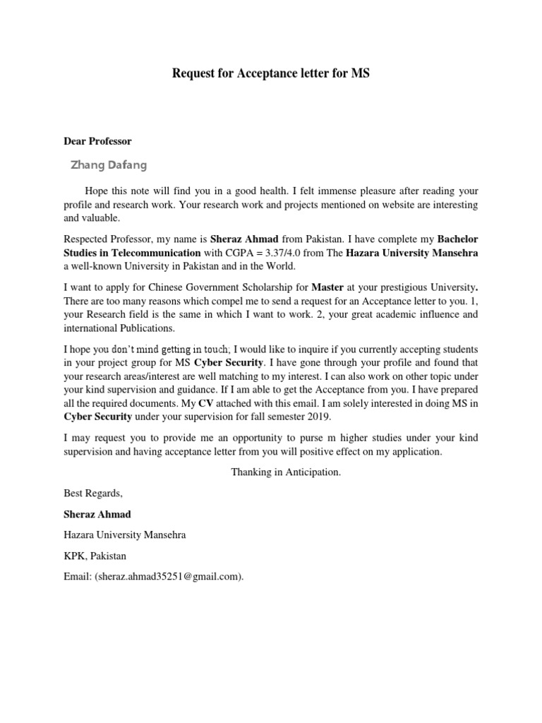 Request For Acceptance Letter For MS: Dear Professor | PDF