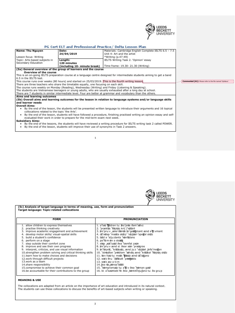 PG Cert ELT and Professional Practice/ Delta Lesson Plan: Commented (A1 ...
