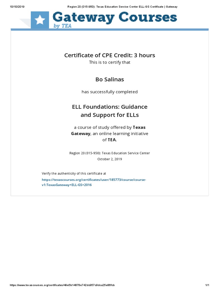 Region 20 015-950 Texas Education Service Center Ell-Gs Certificate ...