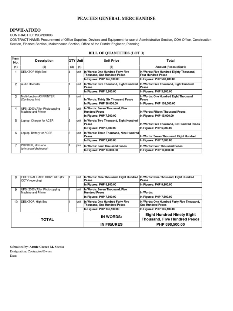 Bill of Quantities Updated | PDF | Photocopier | Personal Computing